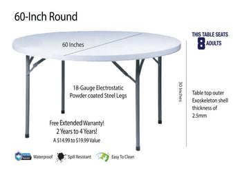 60" (5 Foot) Round Heavy Duty Plastic Folding Table