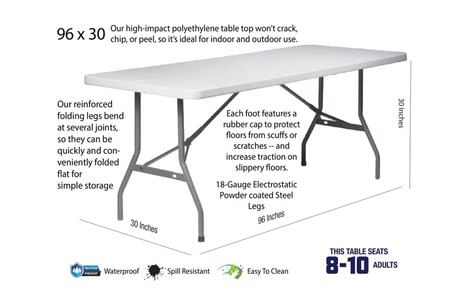 96" x 30" (8 Foot) White Rectangle Plastic Table