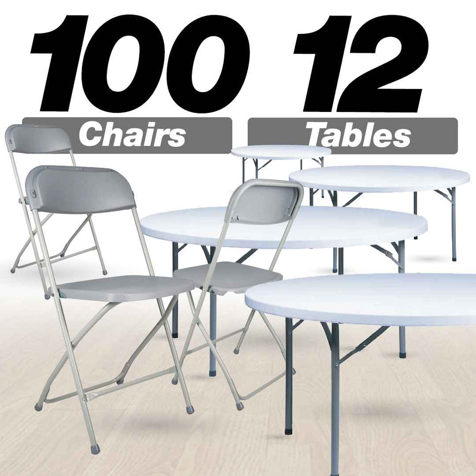 100 Pack Gray Plastic Folding Chair and 12 60" (5 Foot) Round Plastic