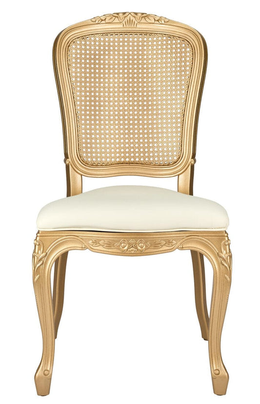 Gold Resin Royal Chair with Ivory Vinyl Seat and Gold Rattan Back Simi