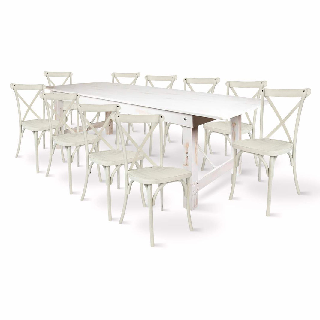 White Distressed Straight Leg Farm Table Dining Set with 10 Chairs